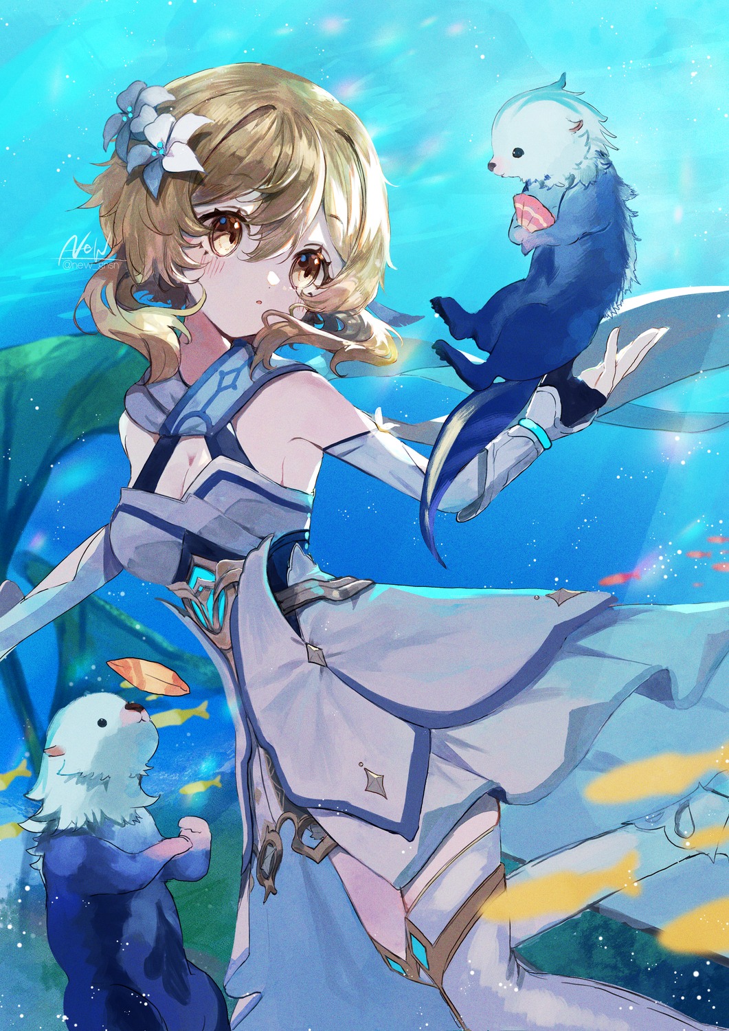 new gnsn genshin impact lumine cleavage dress thighhighs | #1116864 | yande.re